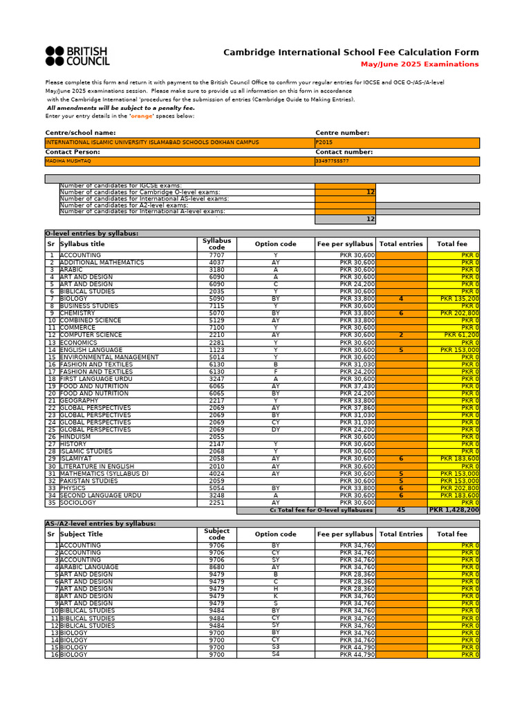 Fee Calculation Form - MJ2025 (Pakistan) | PDF | Standardized Tests ...