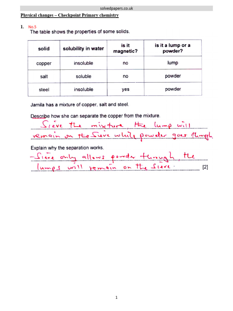 Sample Physical Changes Checkpoint Primary Chemistry | PDF