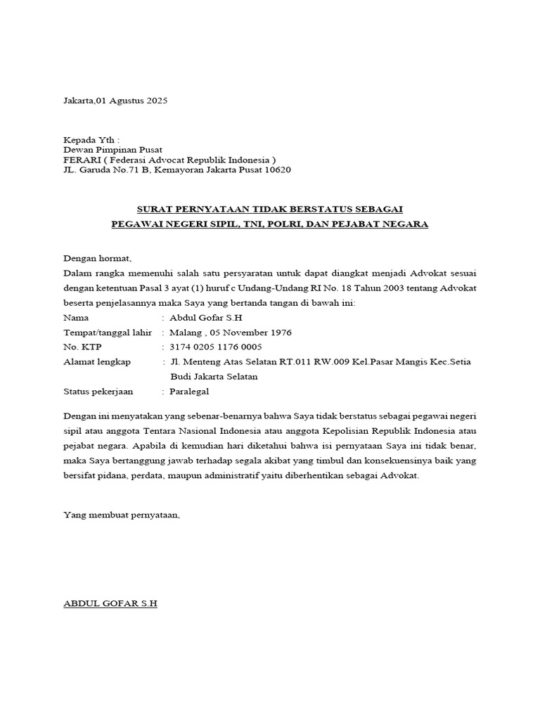 Surat Pernyataan Status Pekerjaan Advokat | PDF
