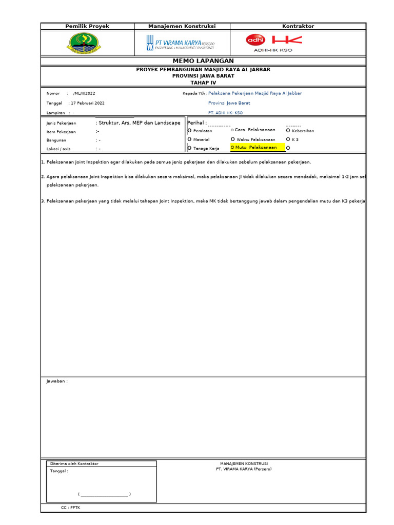 Form Memo Lapangan STRUKTUR Perancah Bangunan Penghubung | PDF