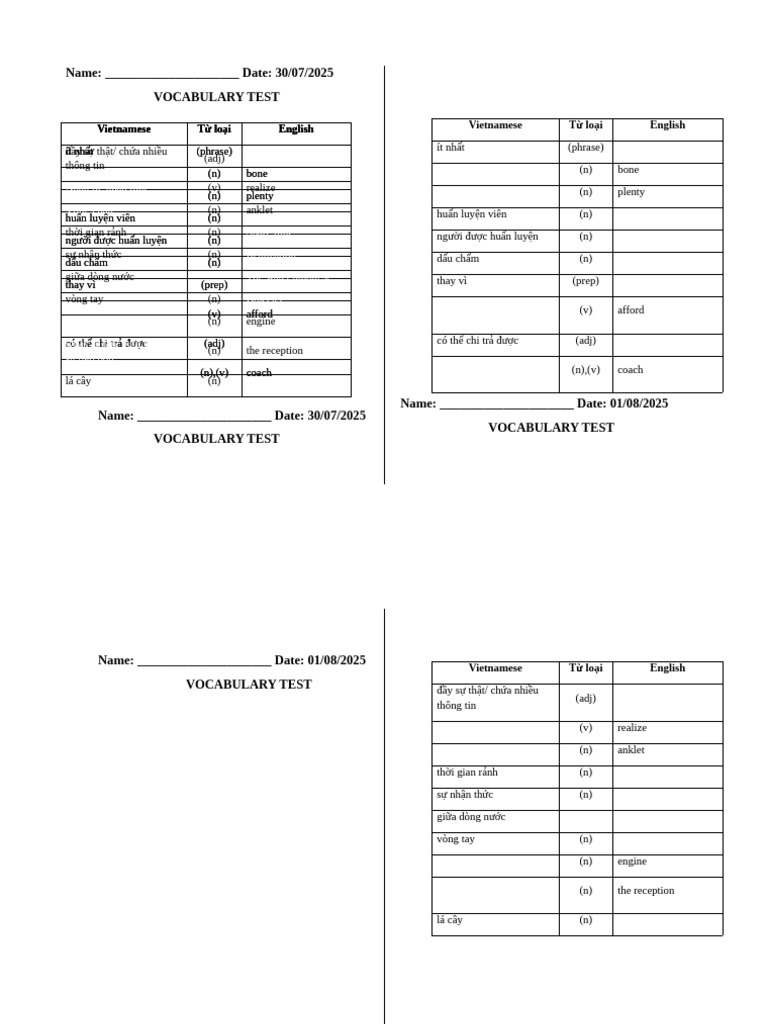 Vocab Test Ngang | PDF