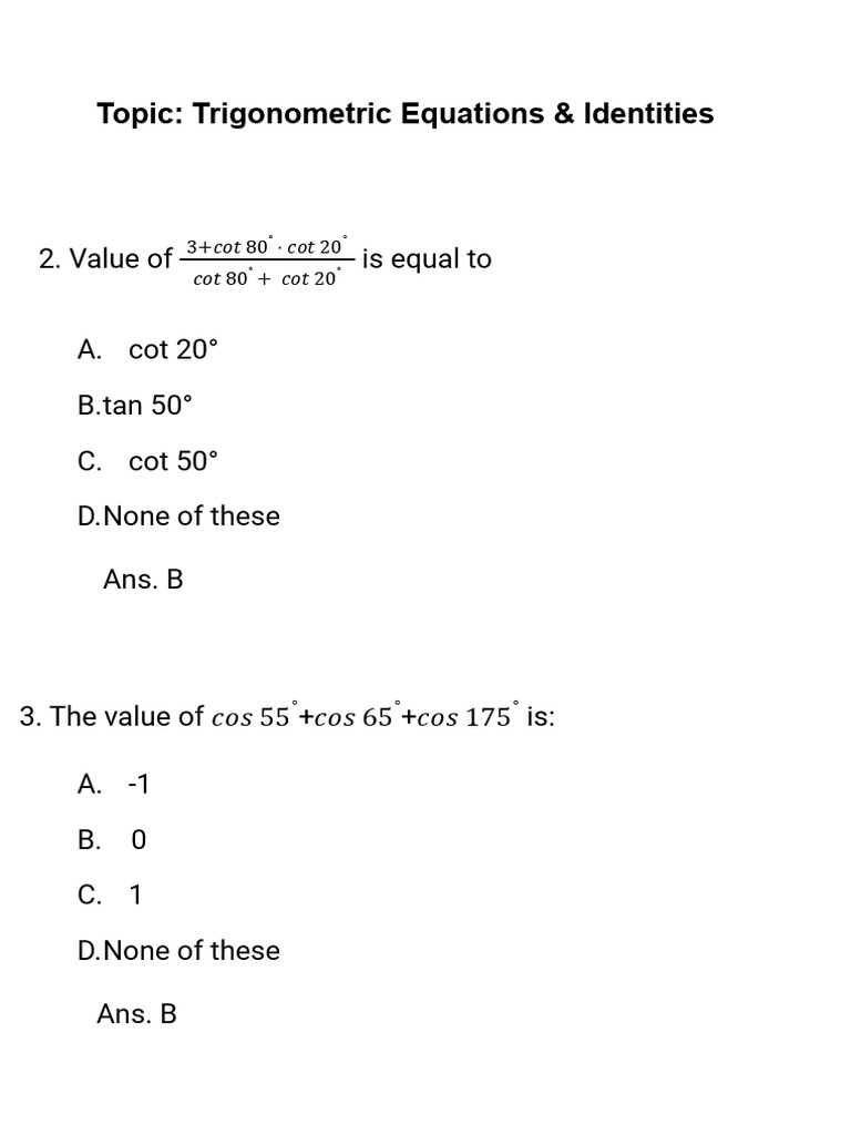 Quiz 5 - 7 July Trigonometric Ratios & Identities | PDF