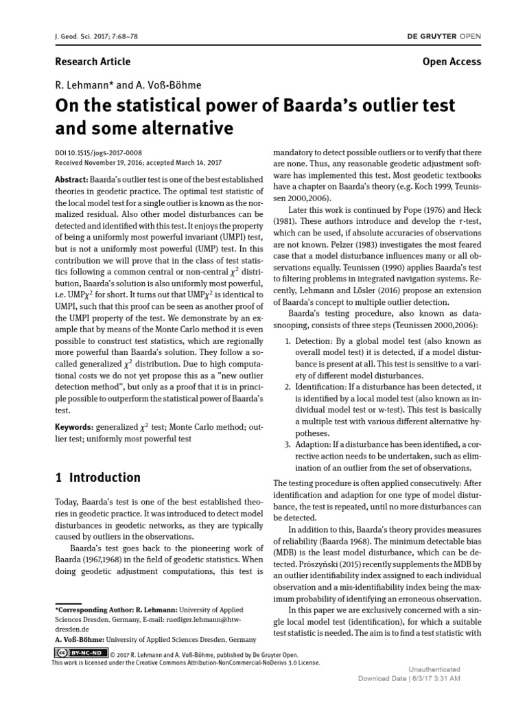 Baarda's Outlier Test Statistical Power | PDF | Statistical Theory ...