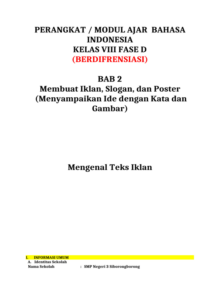 Modul Ajar Minggu Ke 8 Mengenal Teks Iklan (1) | PDF