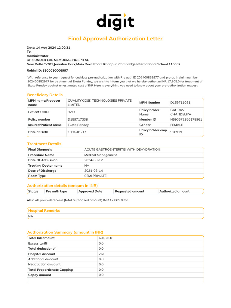 Final Approval Letter for Cashless Treatment | PDF | Insurance | Hospital