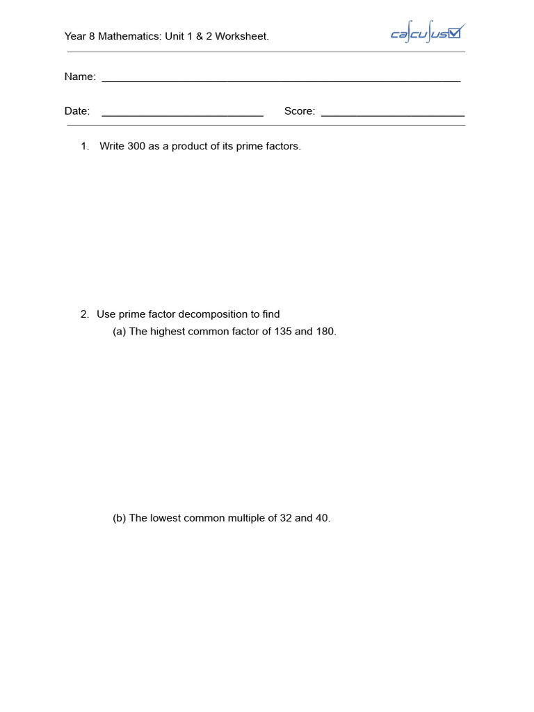Mathematics - Unit 1 and 2 Worksheet (Pre-IGCSE Year 8) | PDF