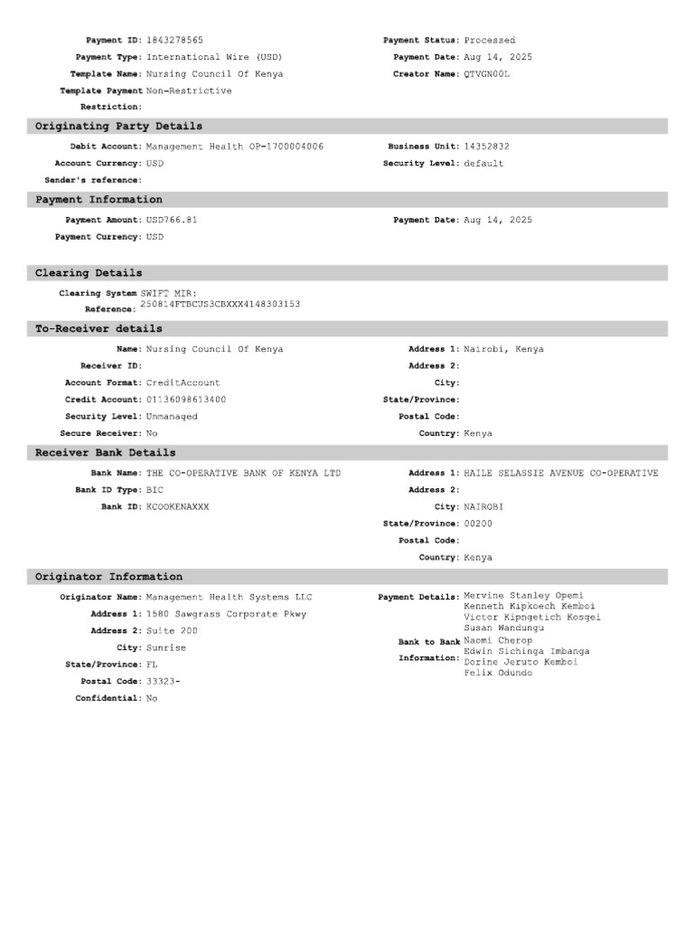 Felix Odundo NCK Wire Confirmation | PDF