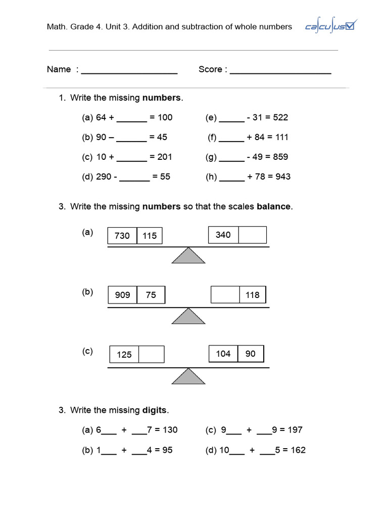 (Modified) Math P4 Unit 3 - Addition and Subtraction of Whole Numbers | PDF