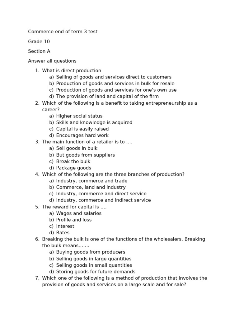 Grade 10 Commerce Test Questions | PDF | Commerce | Retail