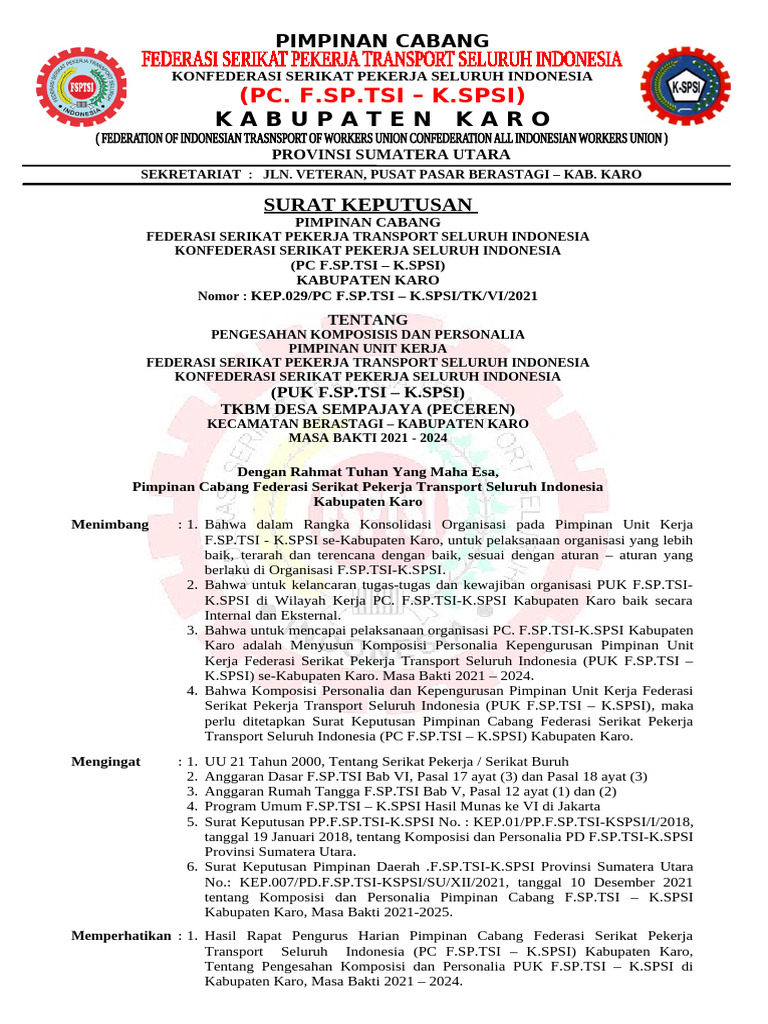 Surat Keputusan - PC F.SP - Tsi - K.spsi - Kabupaten Karo 2 - TKBM Desa ...
