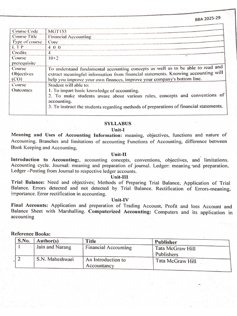Financial Accounting Syllabus | PDF