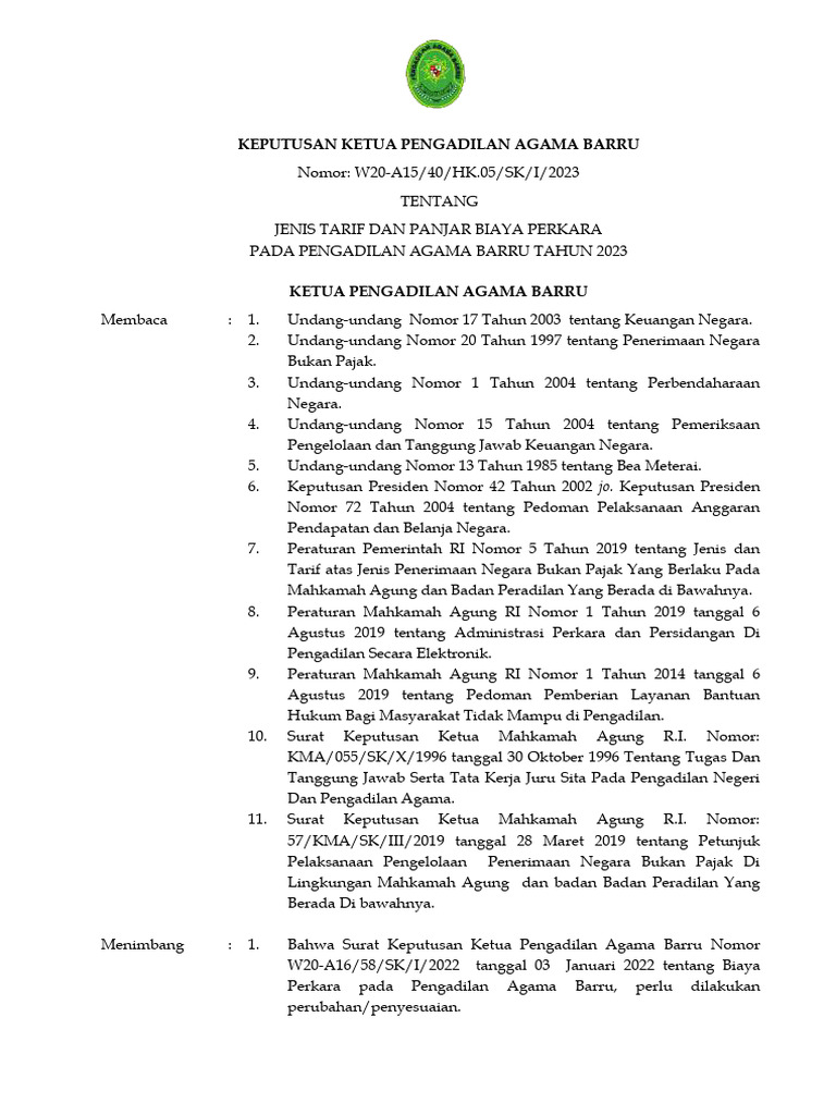 SK Jenis Tarif Dan Panjar Biaya Perkara Pada Pengadilan Agama Barru ...