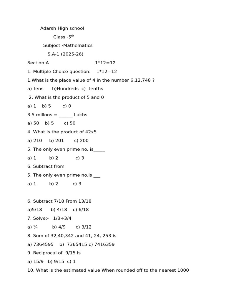 Class 5 Mathematics SA-1 Questions | PDF | Numbers | Odds