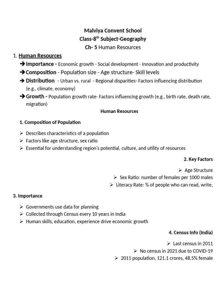 Human Resources in Geography: Class 8 | PDF | Human Migration | Literacy