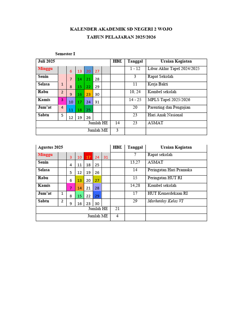 Kalender Akademik SD Negeri 2 Wojo 2025/2026 | PDF