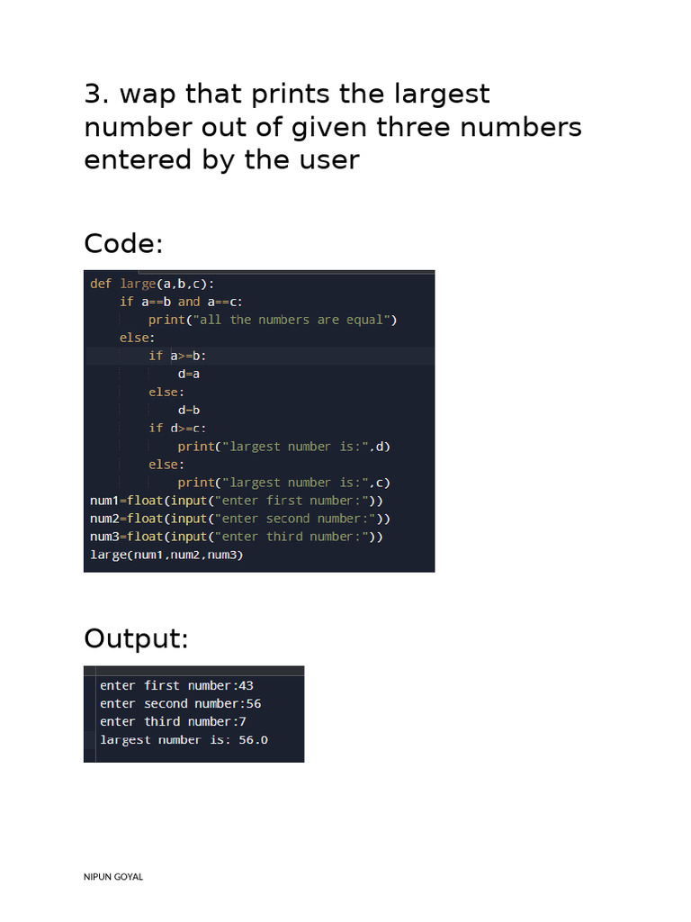 Wap That Prints The Largest Number Out of Given Three Numbers Entered ...