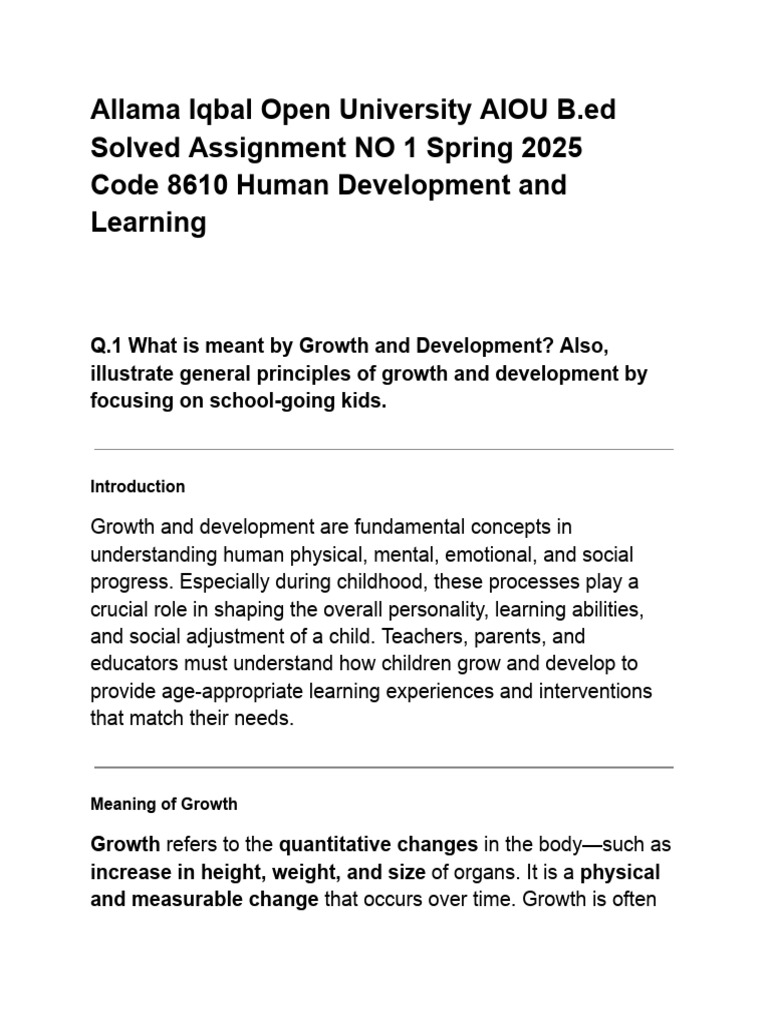 Allama Iqbal Open University AIOU B.ed Solved Assignment NO 1 Spring 2025 Code 8610 Human ...
