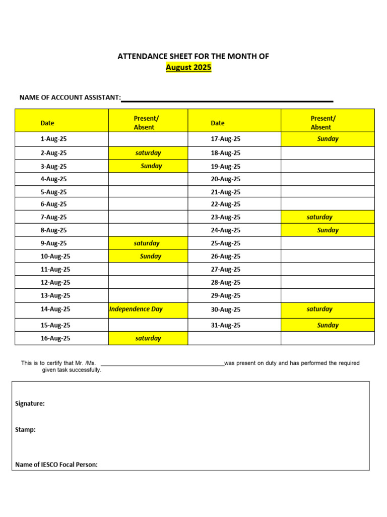 August 2025 Attendance Sheet | PDF