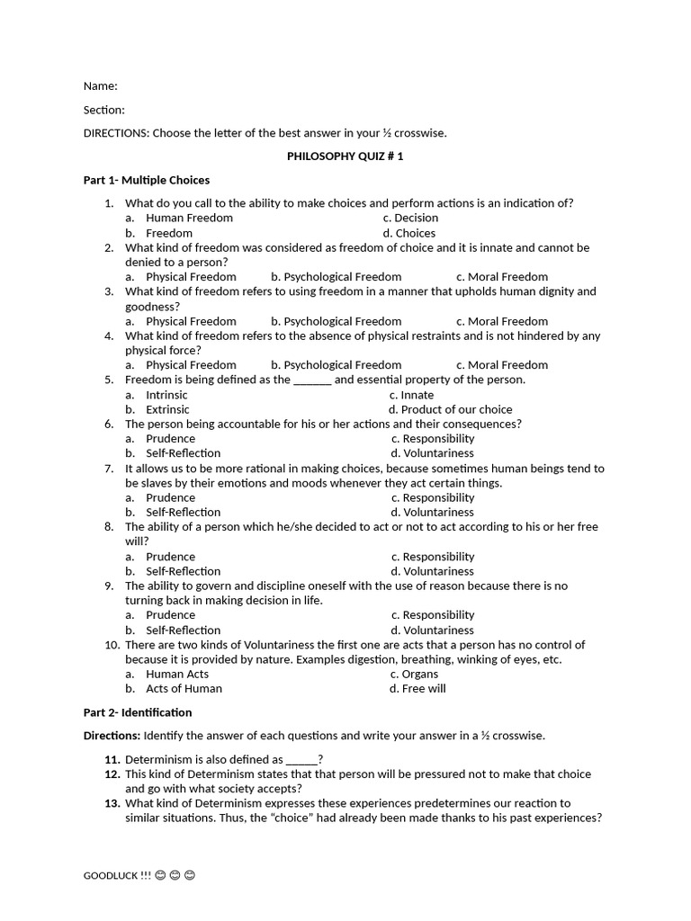 Philosophy Quiz on Freedom and Determinism | PDF | Motivation ...