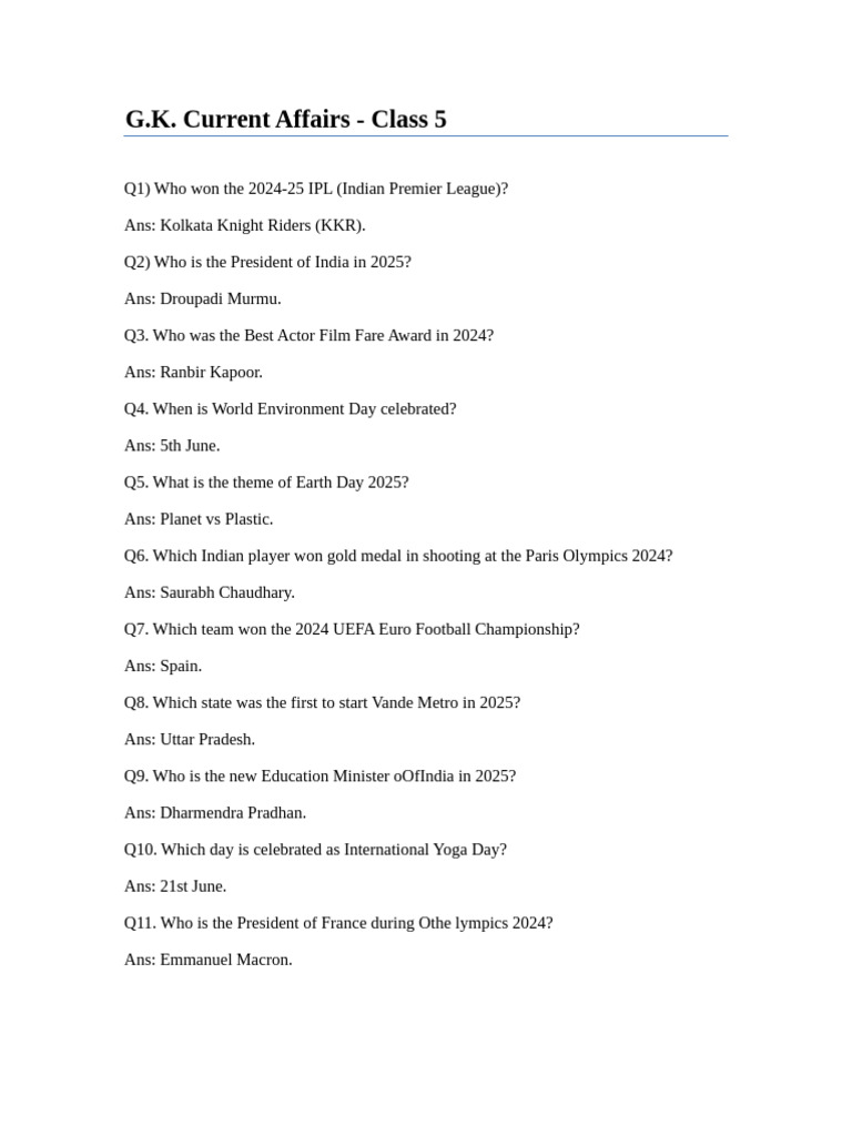 G.K. Current Affairs for Class 5 | PDF