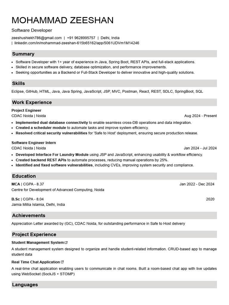 Resume Mohammad Zeeshan | PDF