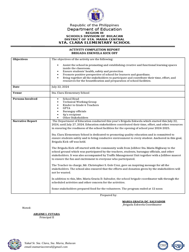 Brigada Kick Off and Closing ACTIVITY COMPLETION REPORT | PDF ...