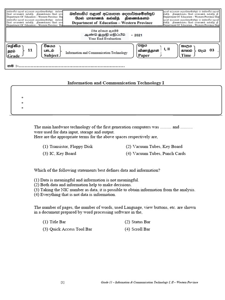 Grade 11 Ict - Paper I, II Em-2021 | PDF | Booting | Operating System