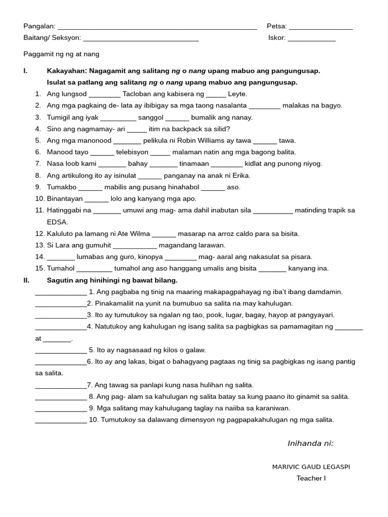 Pagsusulit Sa NG at Nang | PDF