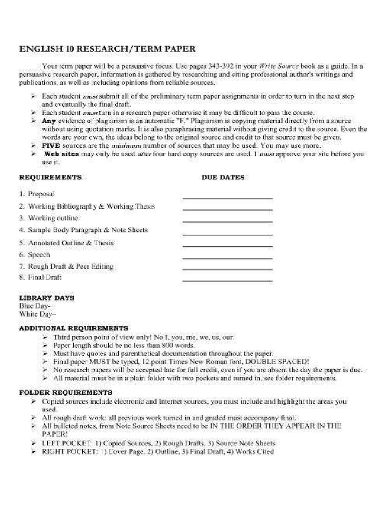 English 10 Research Term Paper Lake Central High School | PDF