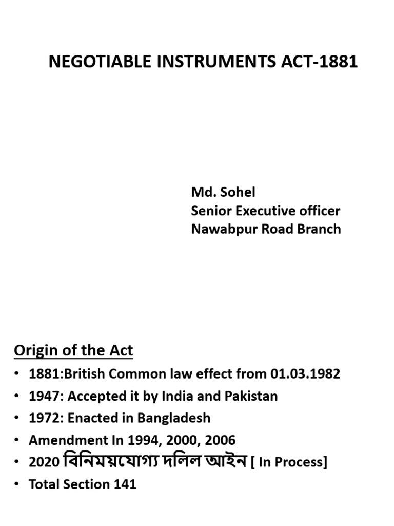 NI ACT - 1881 Presentation | PDF | Negotiable Instrument | Cheque