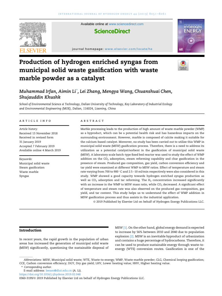 2019 - Production of Hydrogen-Enriched Syngas From Municipal Solid ...