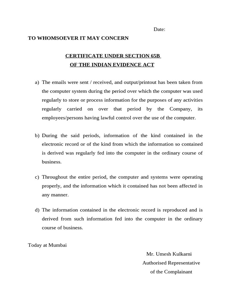 65B Certificate for Electronic Records | PDF