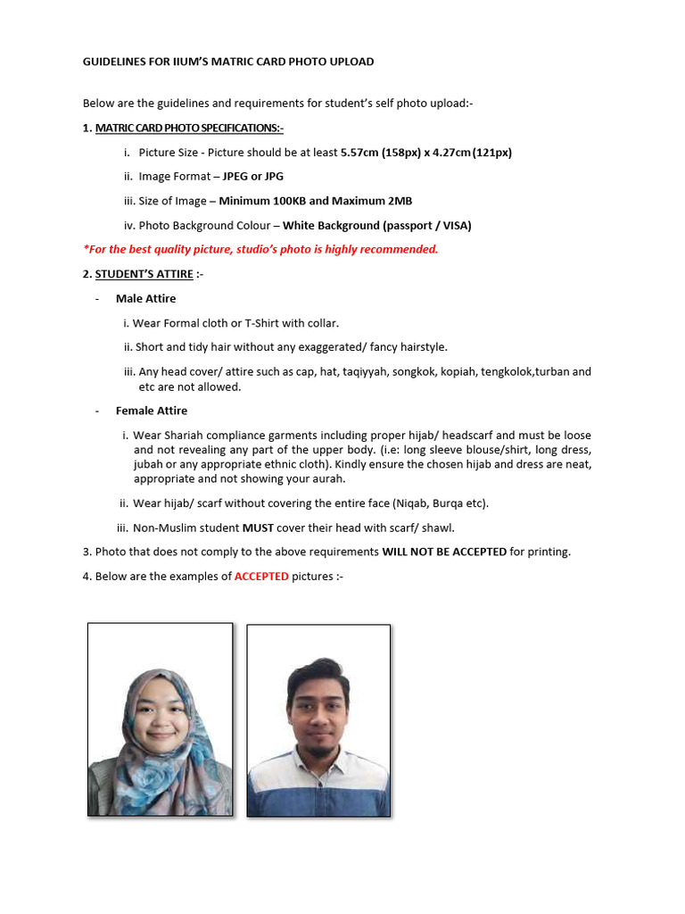 IIUM Matric Card Photo Upload Guidelines | PDF