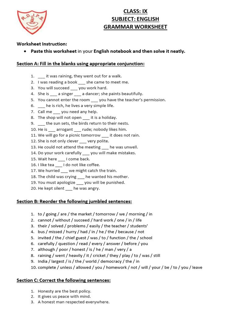 Class 9th-WS5-Mid-term-Grammar - Worksheet | PDF
