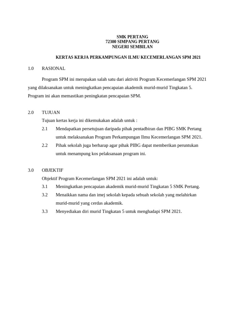 Program Kecemerlangan SPM 2021 SMK Pertang | PDF
