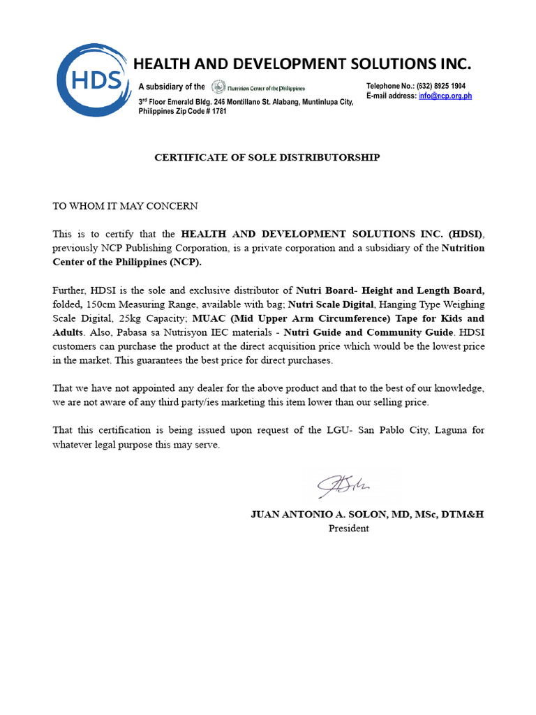 HDSI Certificate of Sole Distributorship | PDF