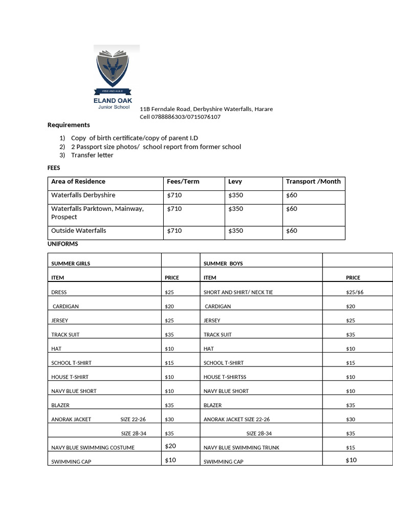 2024 Fees Structure and Summer Uniforms List-Primary | PDF | Clothing ...