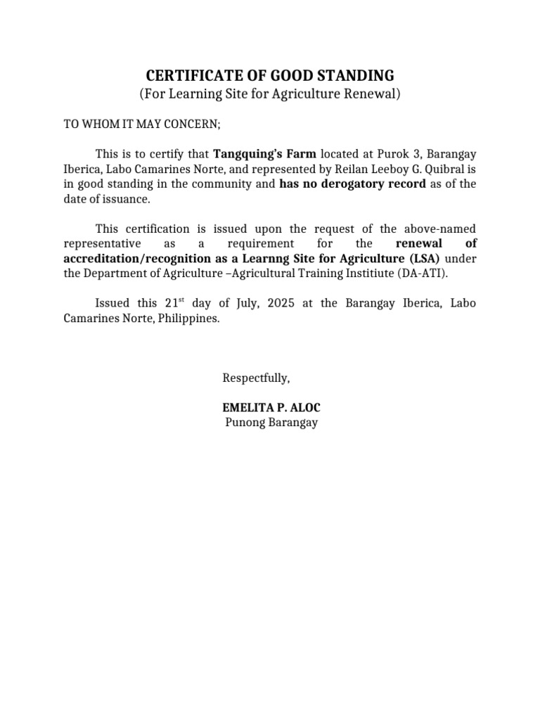 Certificate of Good Standing for LSA | PDF