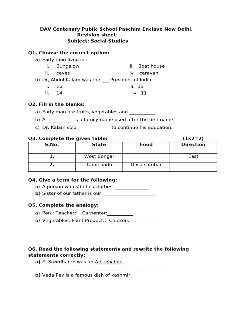 Revision Sheet Class3 S.ST | PDF | Cuisine | Foods