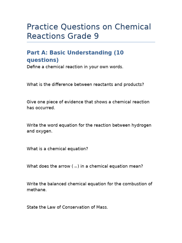 Grade 9 Chemical Reactions Practice Questions | PDF | Chemical ...