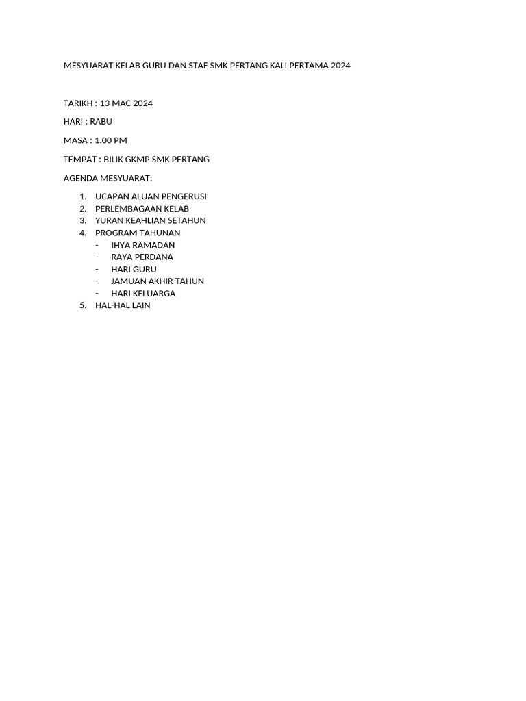 Mesyuarat Pertama Kelab SMK Pertang 2024 | PDF