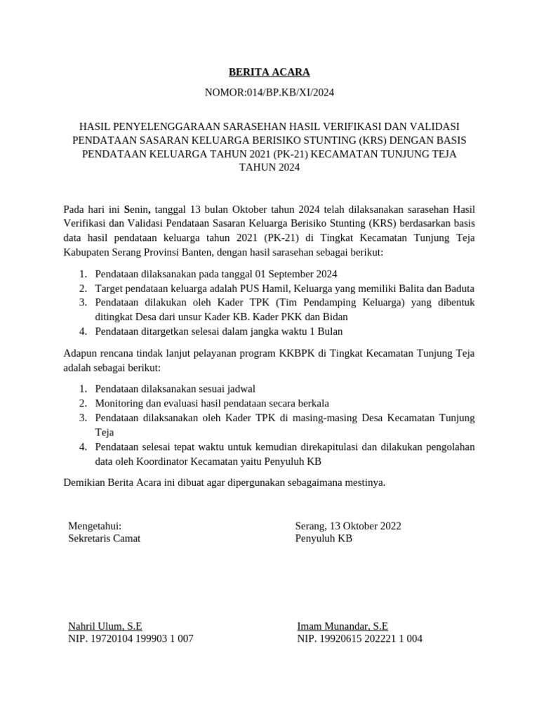 Verifikasi Data Keluarga Berisiko Stunting | PDF