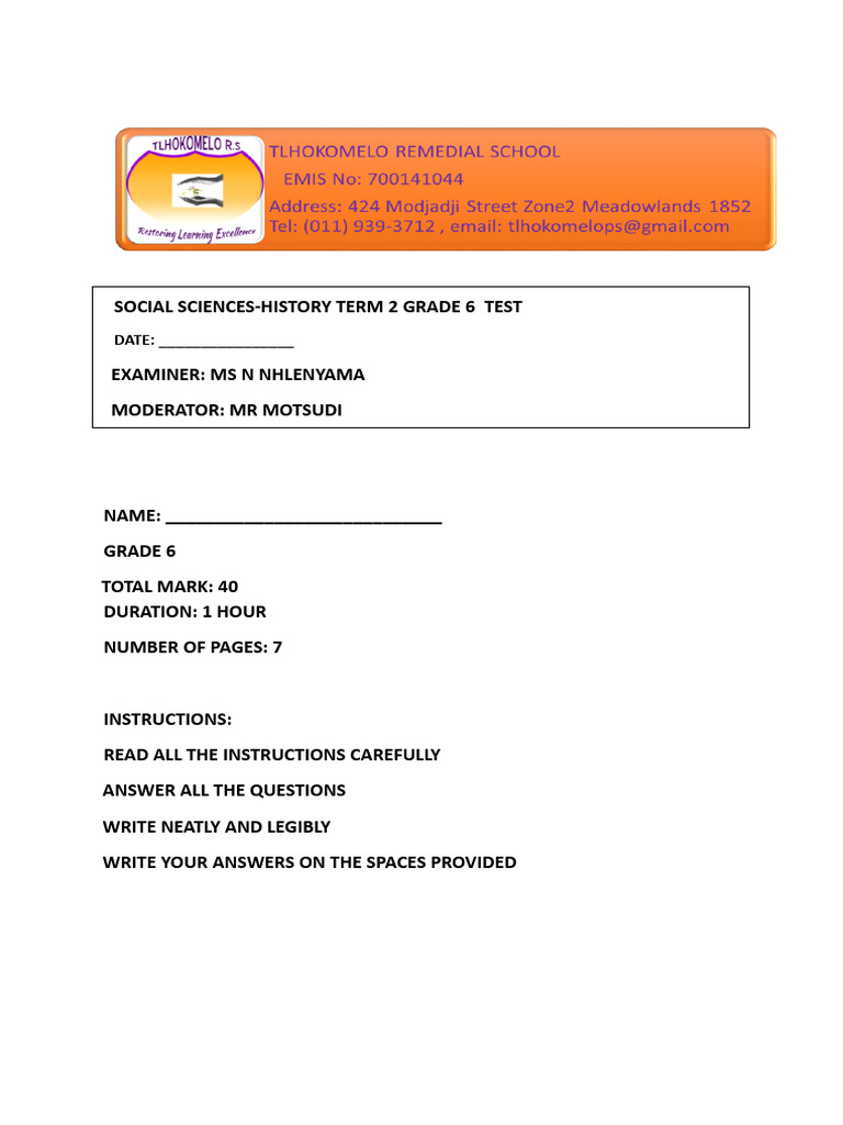 Grade 6 History Term 2 Test | PDF