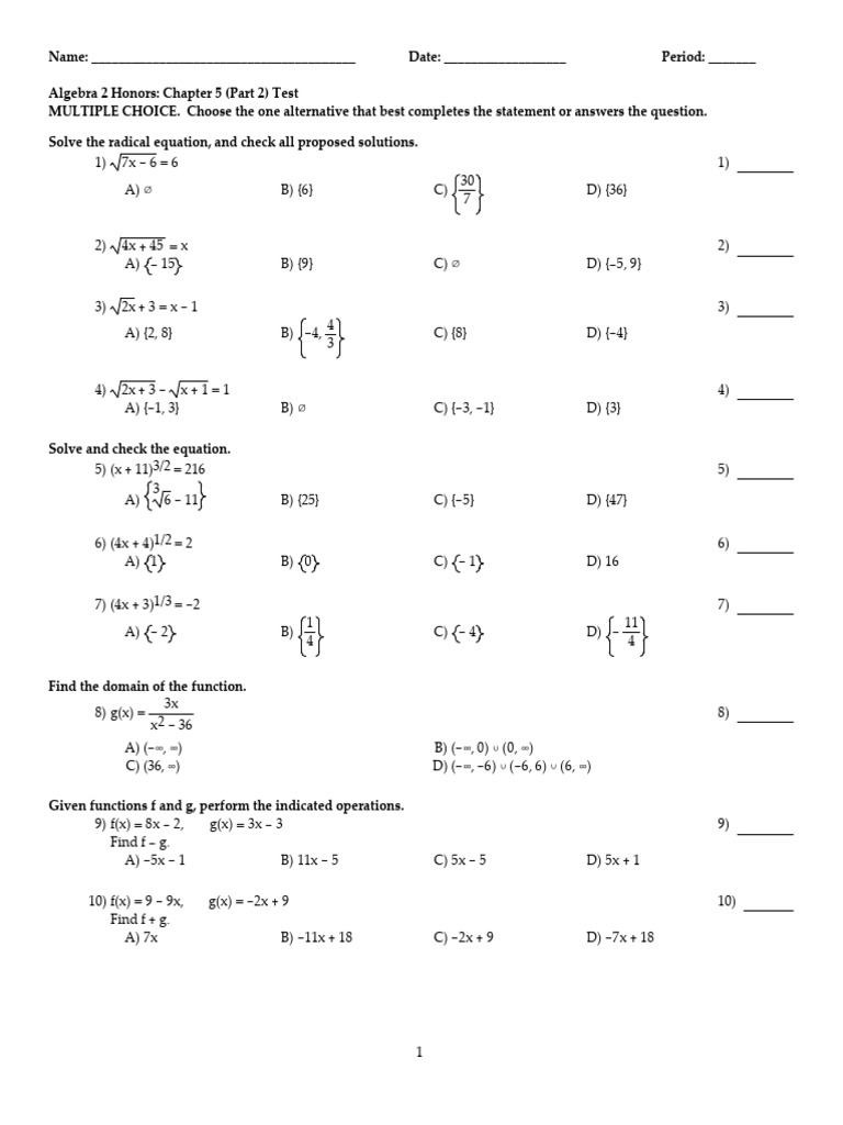 Algebra 2 Honors Chapter 5 Test | PDF | Profit (Economics) | Function ...