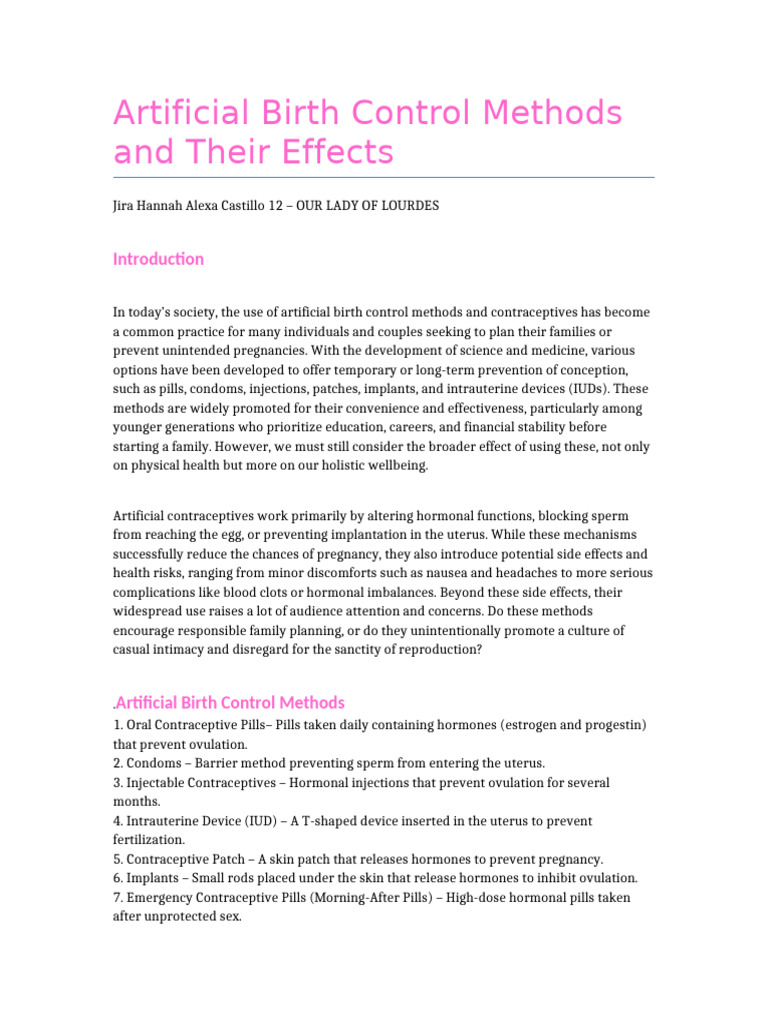 Artificial Birth Control Research | PDF | Birth Control | Combined Oral ...