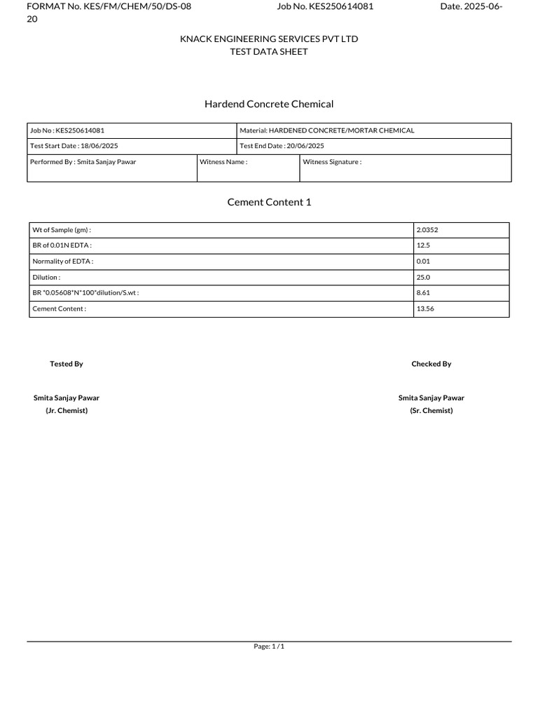 Hardend Concrete Chemical Datasheet | PDF