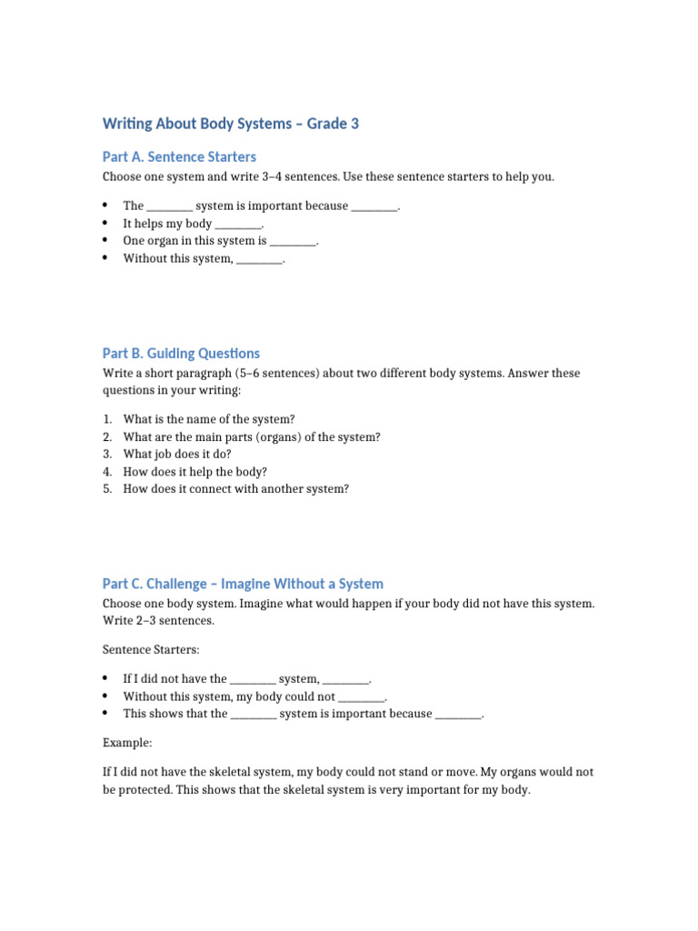 Body Systems Writing Guide for Grade 3 | PDF