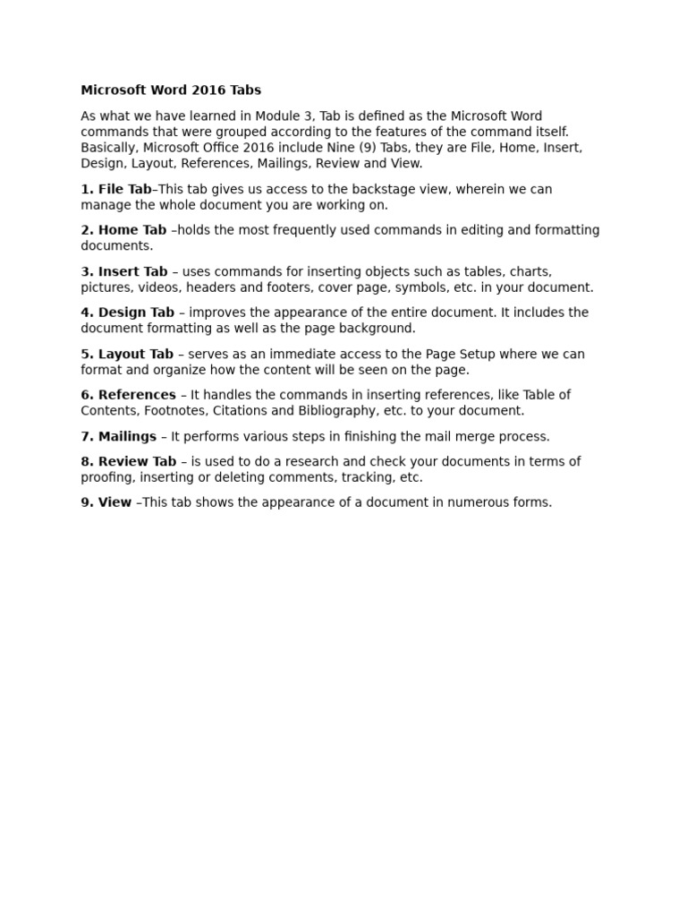 Overview of MS Word 2016 Tabs | PDF