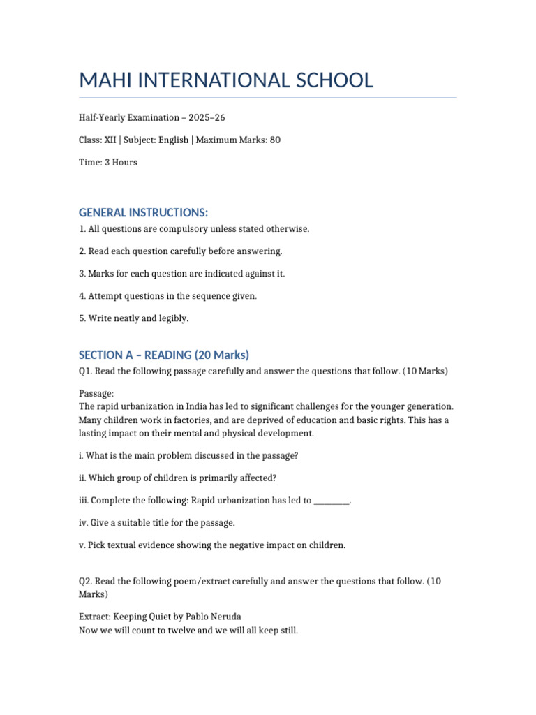 Class XII English Half-Yearly Exam 2025-26 | PDF