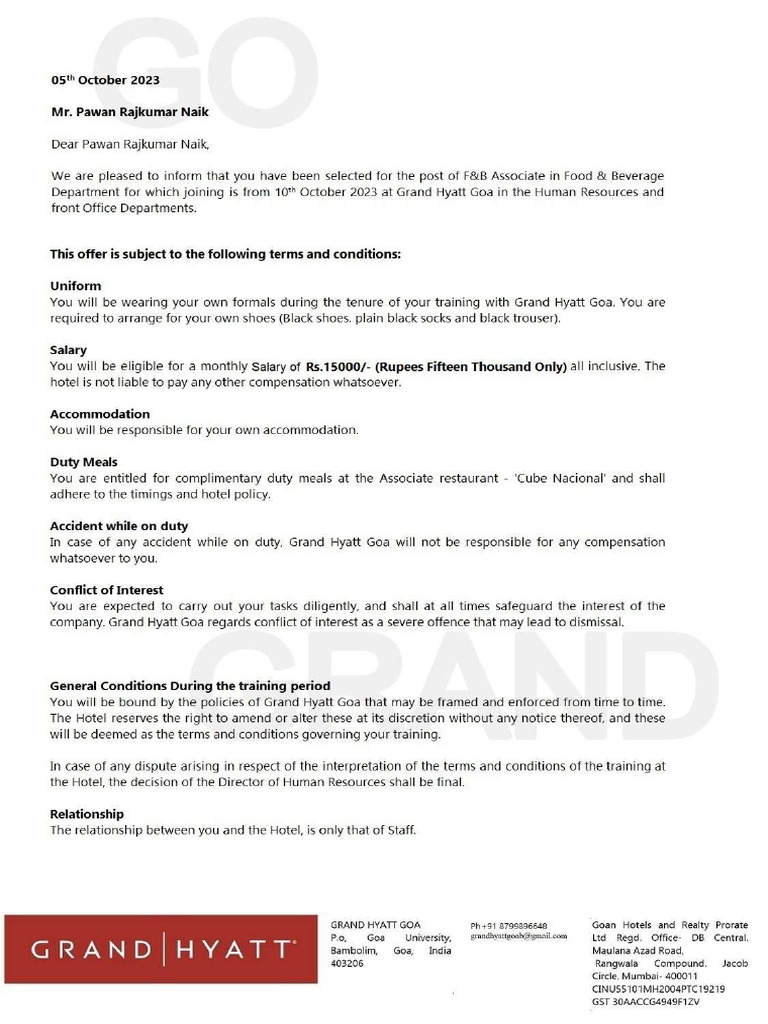 Offer Letter Grand Hyatt | PDF
